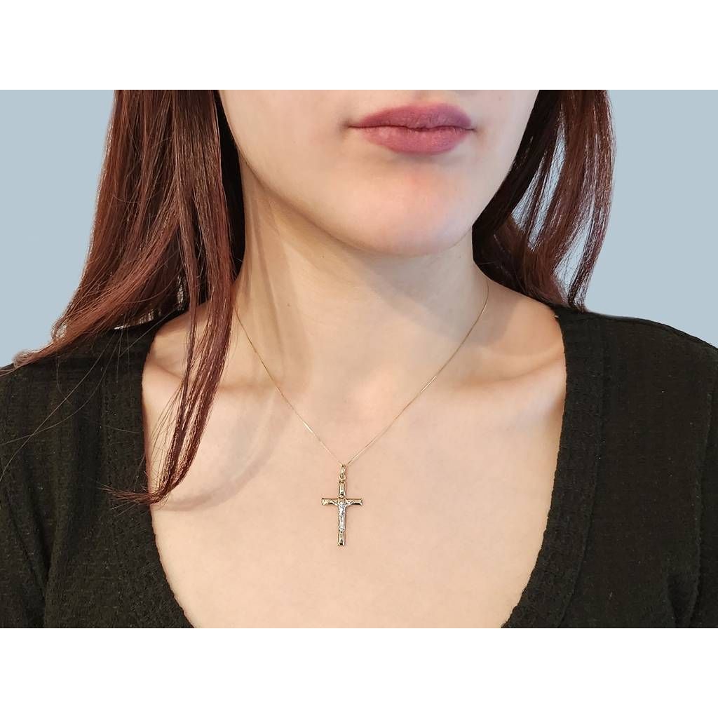 Cross with Rectangular Reliefs in Yellow Gold with Christ in White